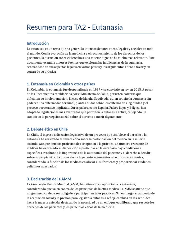 Resumen TA2 Eutanasia | PDF | Relaciones personales, crianza y desarrollo personal