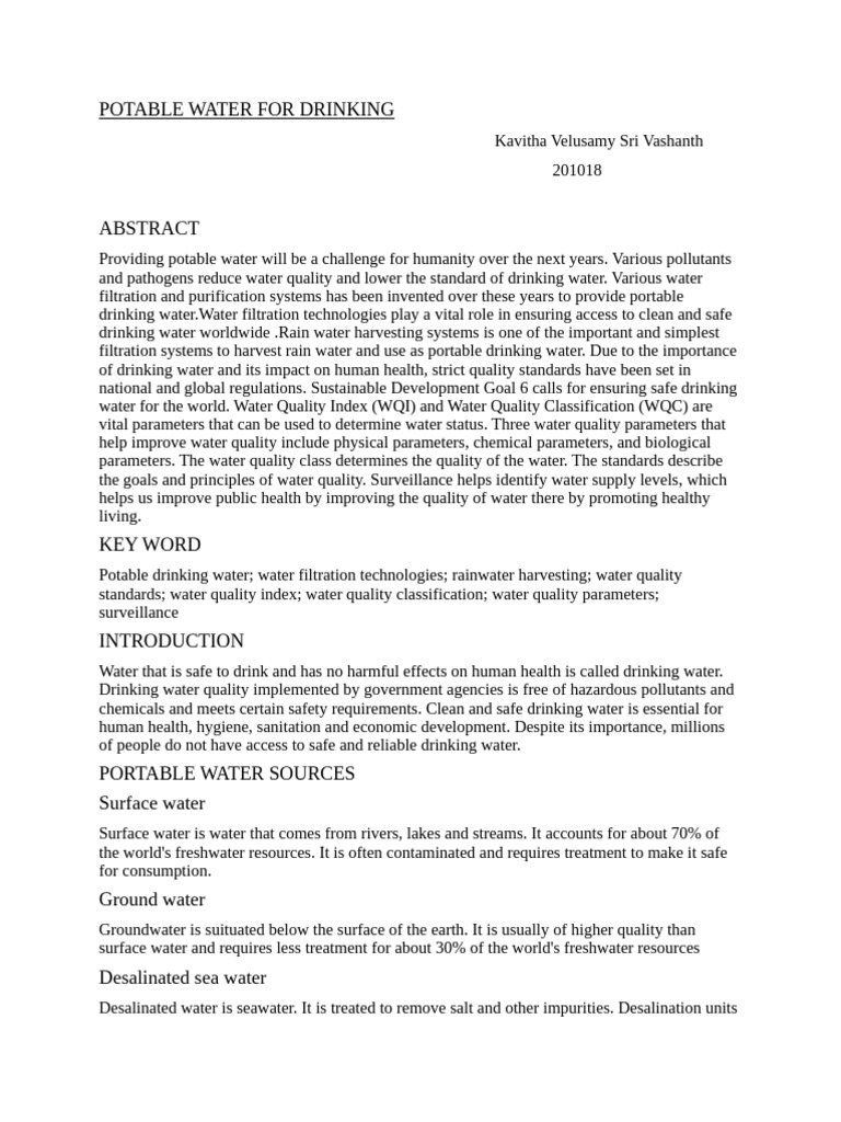 Potable Water For Drinking | PDF | Water Treatment | Drinking Water