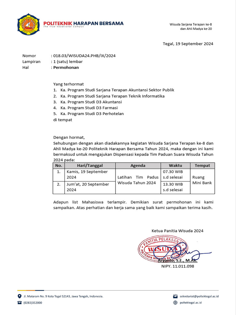 018.03 Permohonan Dispensasi Tim Padus Wisuda Tahun 2024 (Revisi) | PDF