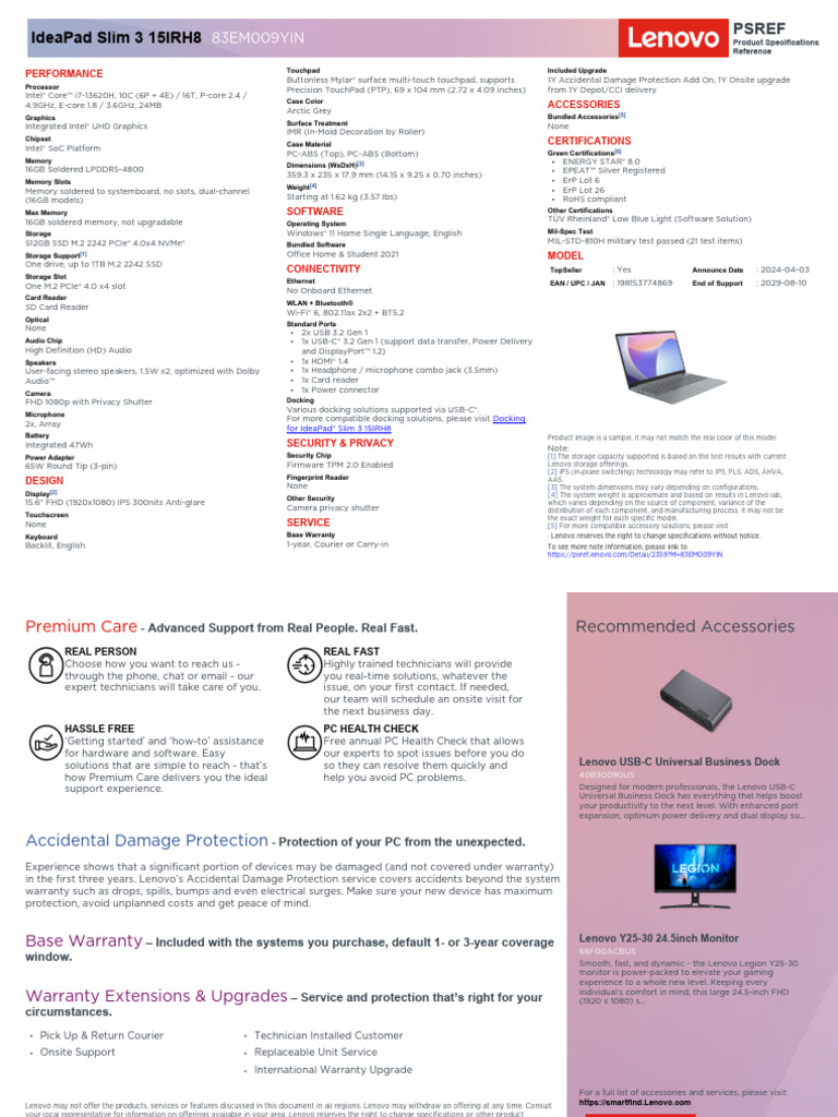 IdeaPad Slim 3 15IRH8 83EM009YIN | PDF | Computer Hardware | Computing
