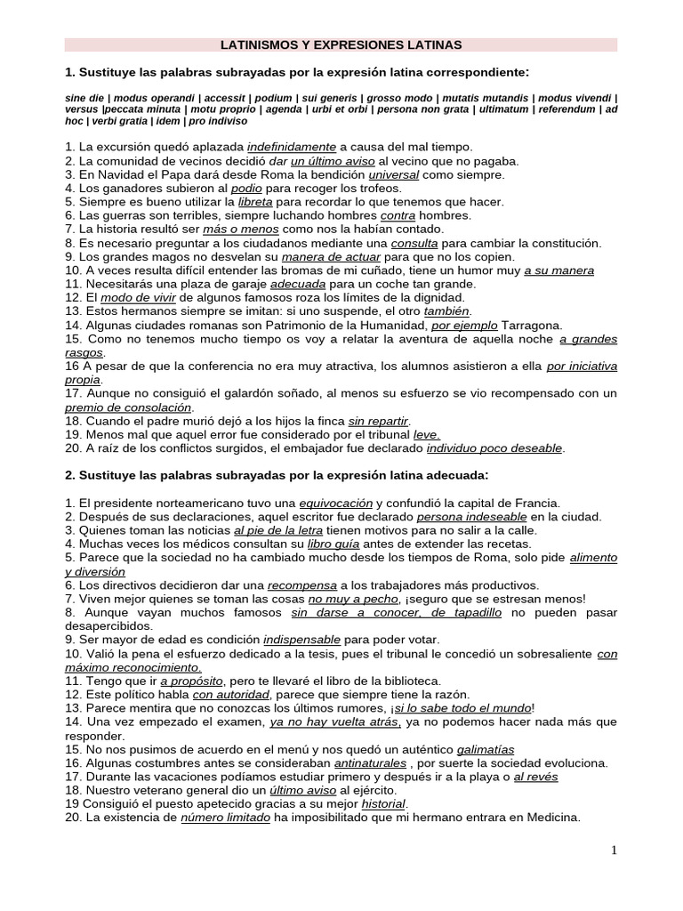Ejercicios de Latinismos 1º Bac | PDF