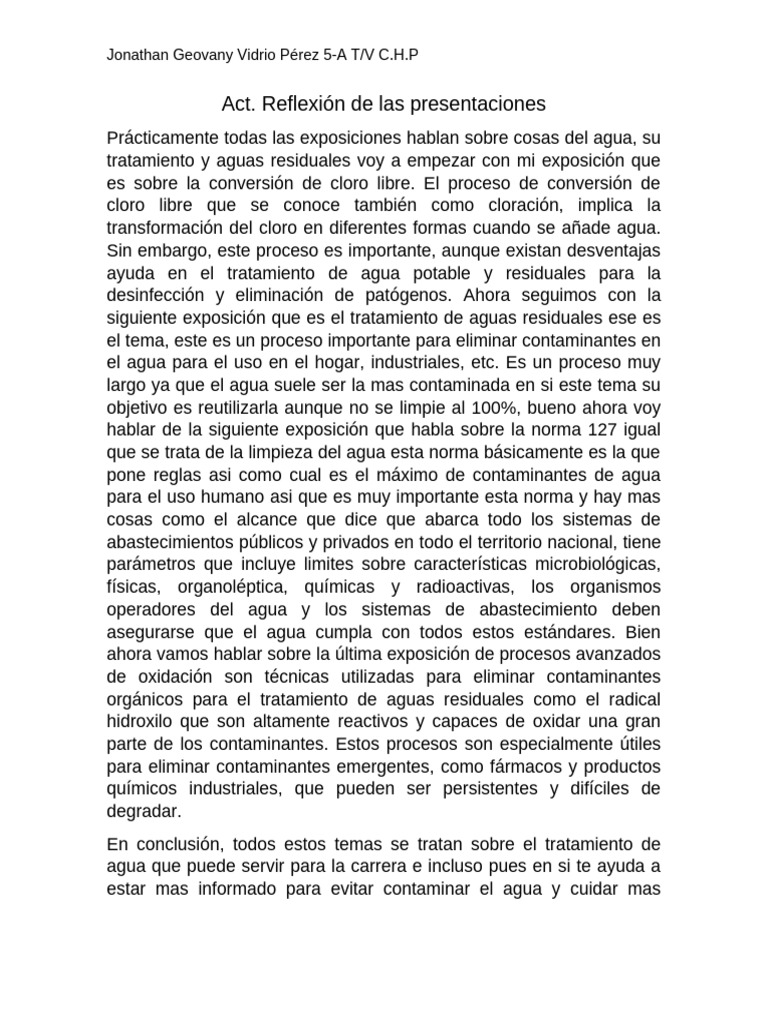 Act. Reflexión de Las Presentaciones: Jonathan Geovany Vidrio Pérez 5-A T/V C.H.P | PDF
