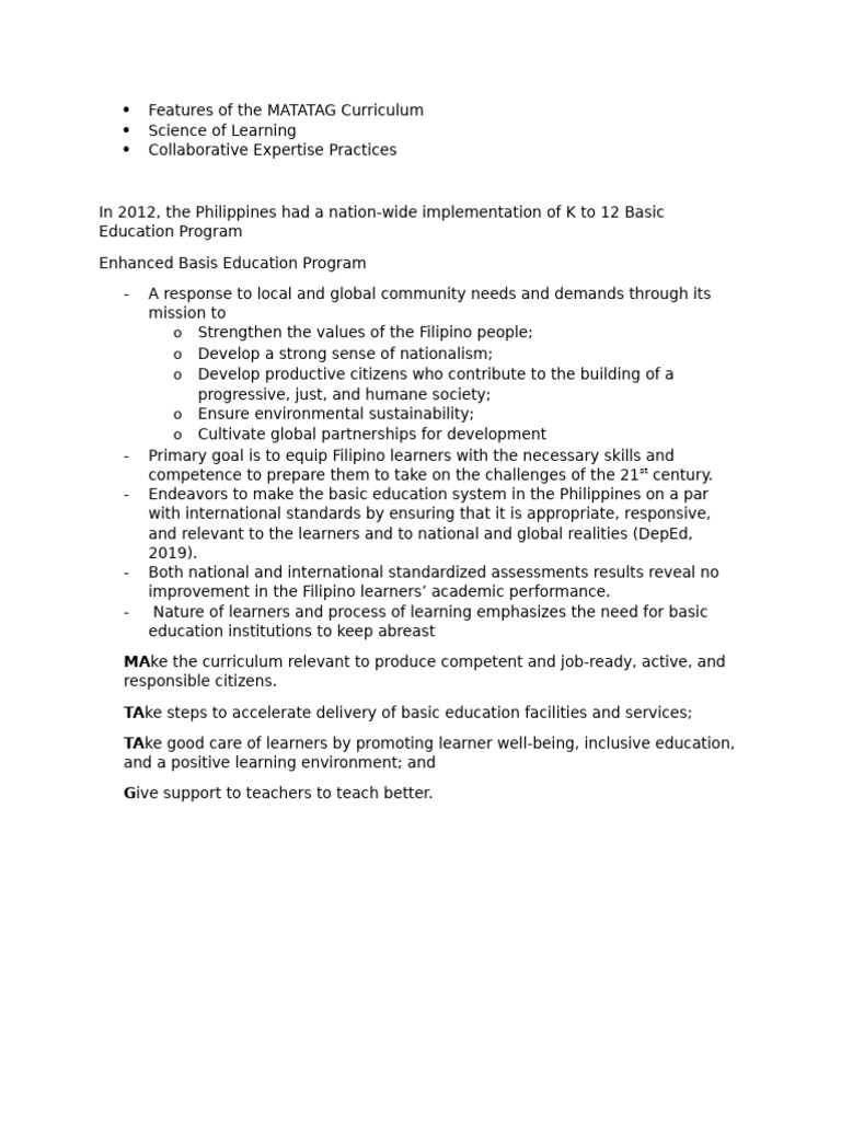 Features of The MATATAG Curriculum | PDF