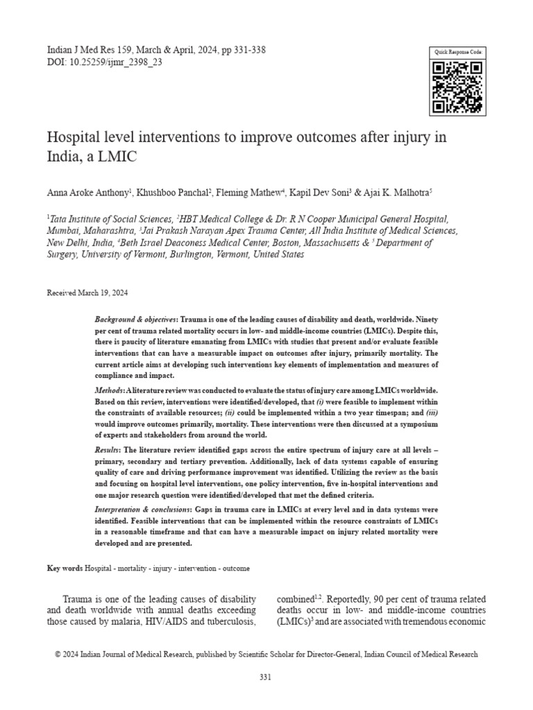 Hospital Level Interventions to Improve Outcomes After Injury in India, A LMIC | PDF | Major ...
