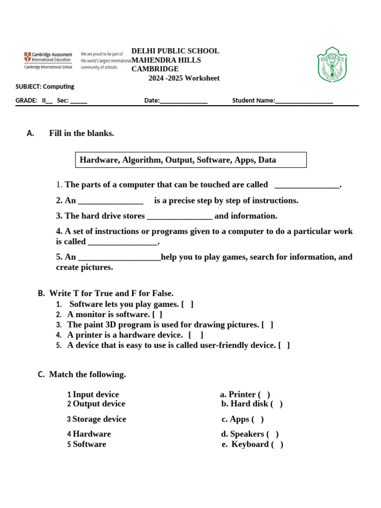 Worsheet For Class 2 Camb. | PDF | Computer Hardware | Input/Output