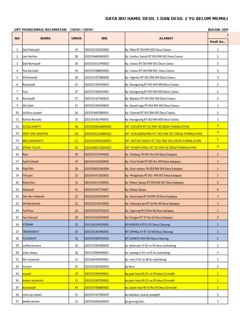 Data Bumil Desil 1 Puskesmas Cisewu | PDF