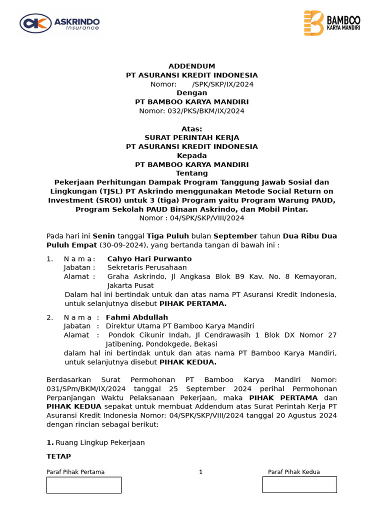 Draft Addendum SPK Sroi Askrindo 2024 - Bamboo | PDF