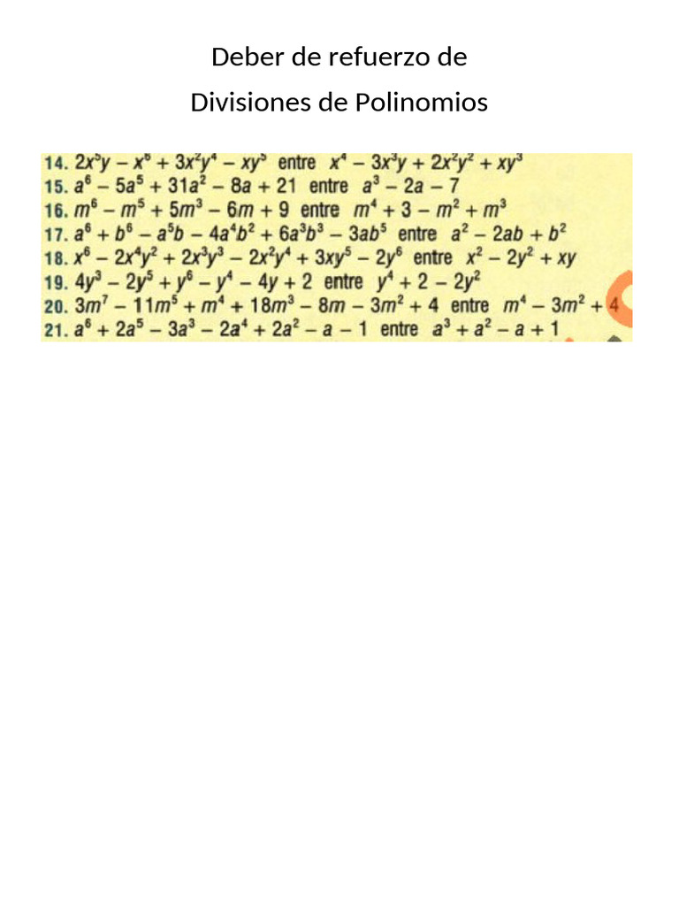 Deber de Refuerzo de División de Polinomios | PDF