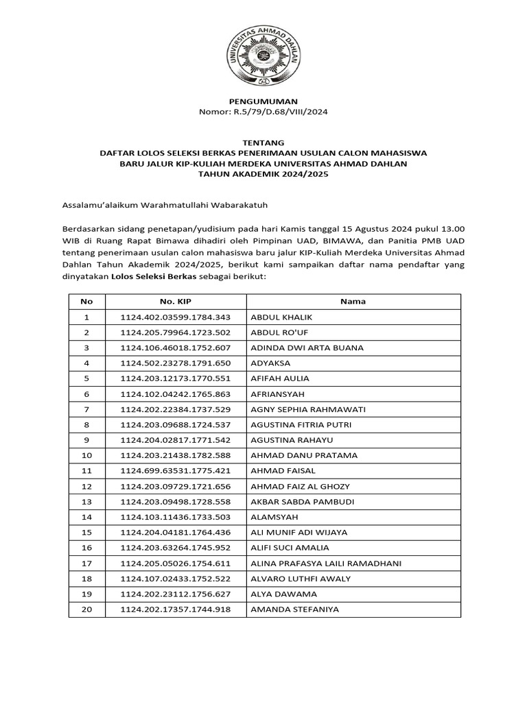 Pengumuman Lolos Seleksi Berkas Beasiswa KIP KM TA 2024 2025 | PDF