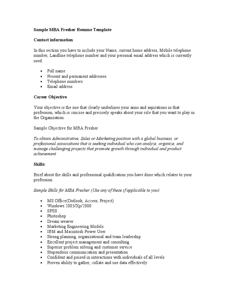 MBA Fresher Resume Template Guide | PDF