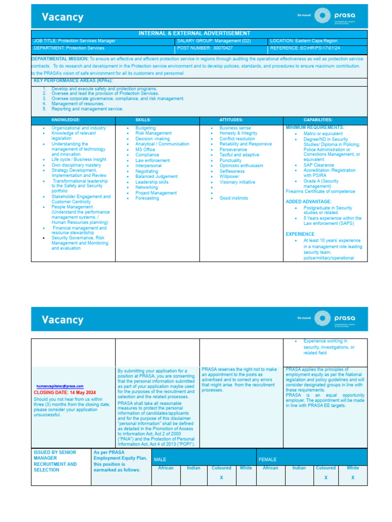 PRASA Protection Services Manager Role | PDF | Business | Leadership