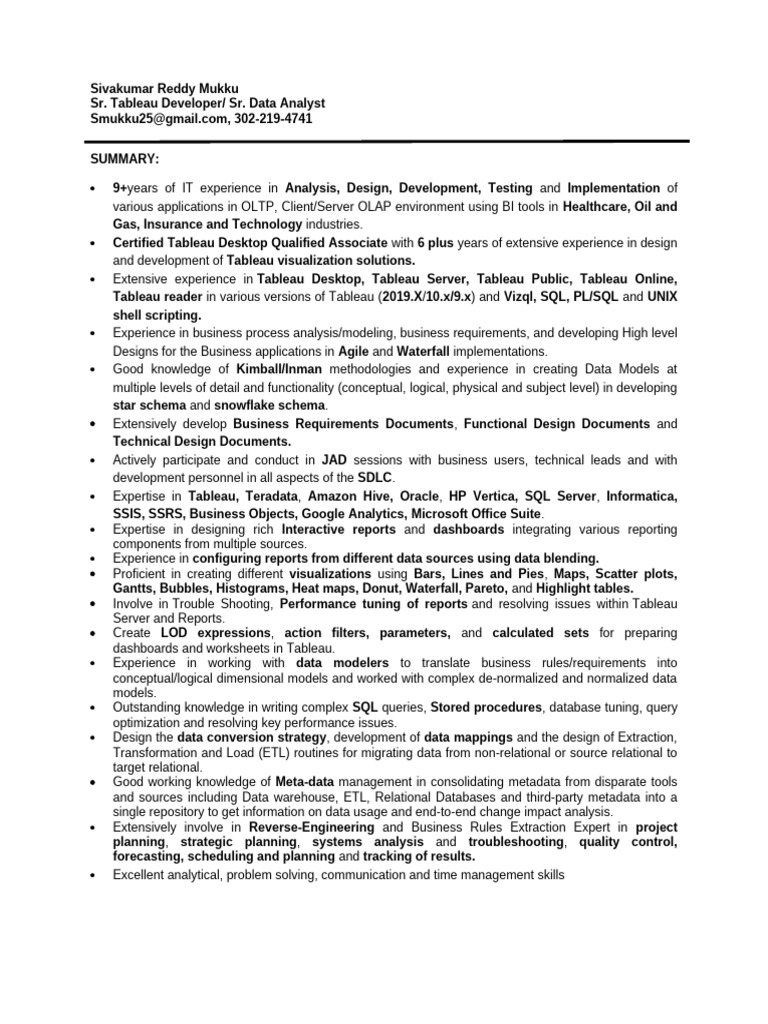 Siva Mukku Tableau Resume | PDF | Microsoft Sql Server | Databases