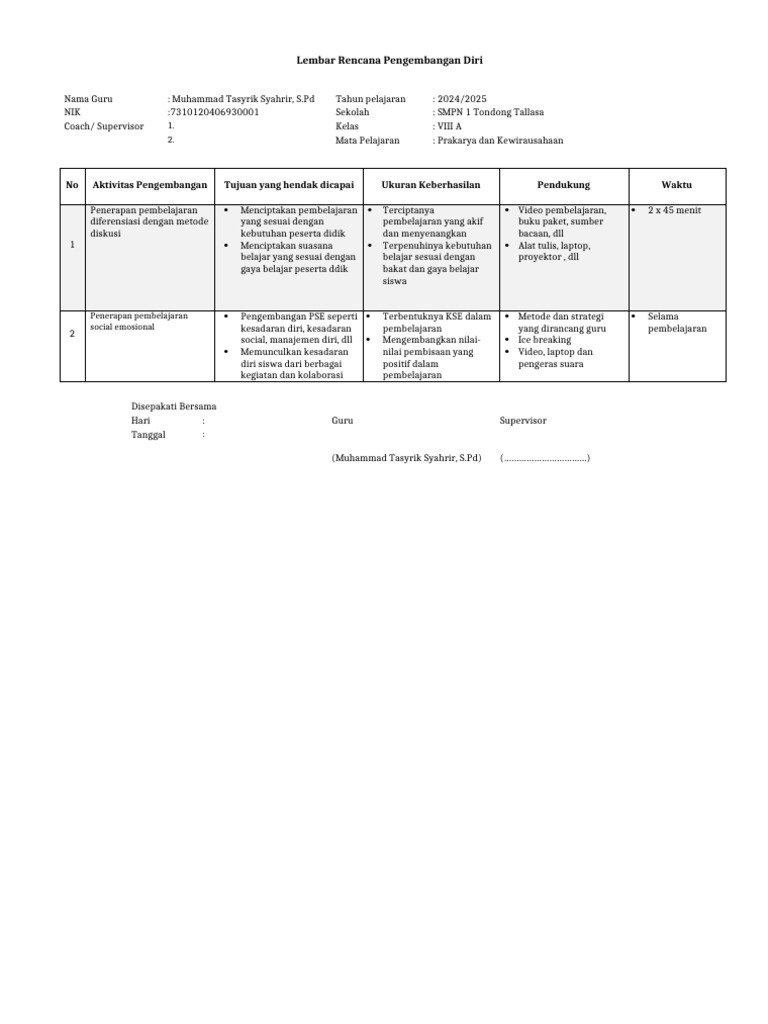 Lampiran 7 - Lembar Rencana Pengembangan Diri Tasyrik | PDF | Karier ...