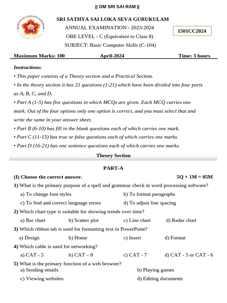 Class 8 Computer Skills Exam | PDF | Microsoft Excel | Computer Science