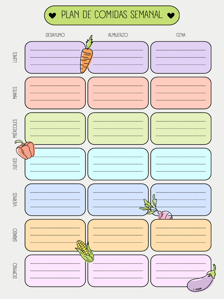 Documento A4 Plan de Comidas Semanal Ilustrado Colorido | PDF