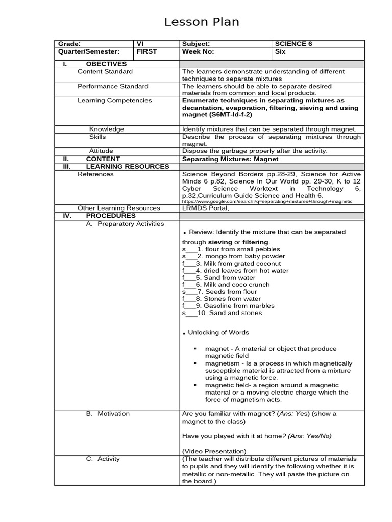Science 6 COT | PDF | Magnet | Chemical Substances