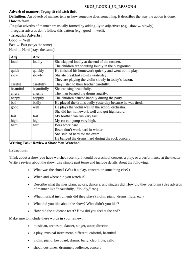 Adverbs of Manner in Performance Reviews | PDF | Musical Instruments ...