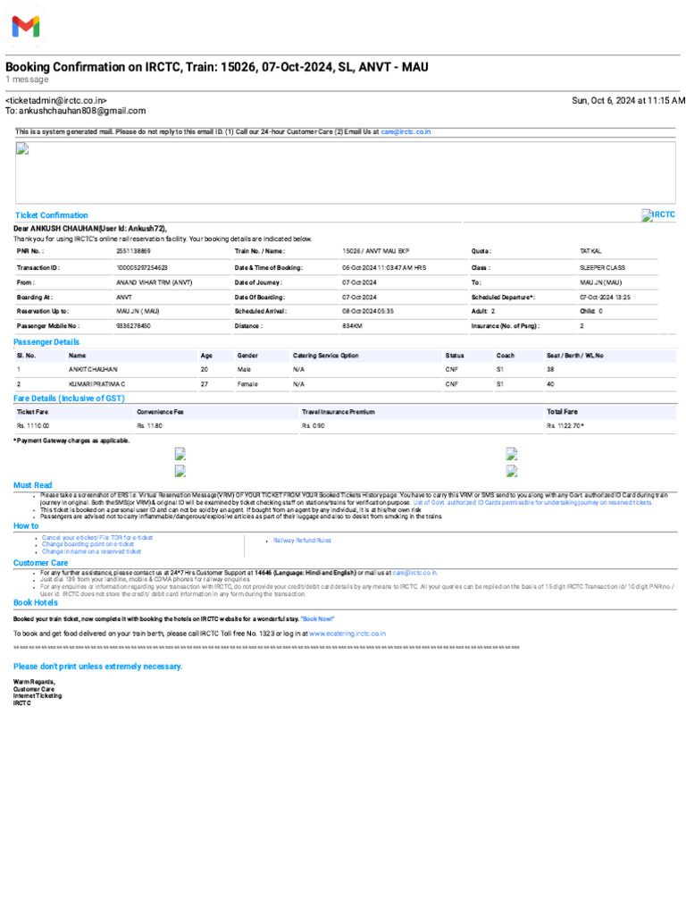Gmail - Booking Confirmation On IRCTC, Train - 15026, 07-Oct-2024, SL ...