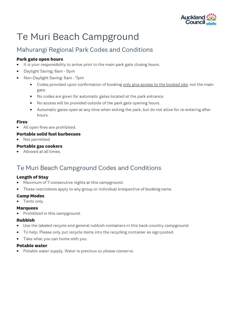 Te Muri Beach Back Country Campground Codes and Conditions | PDF ...