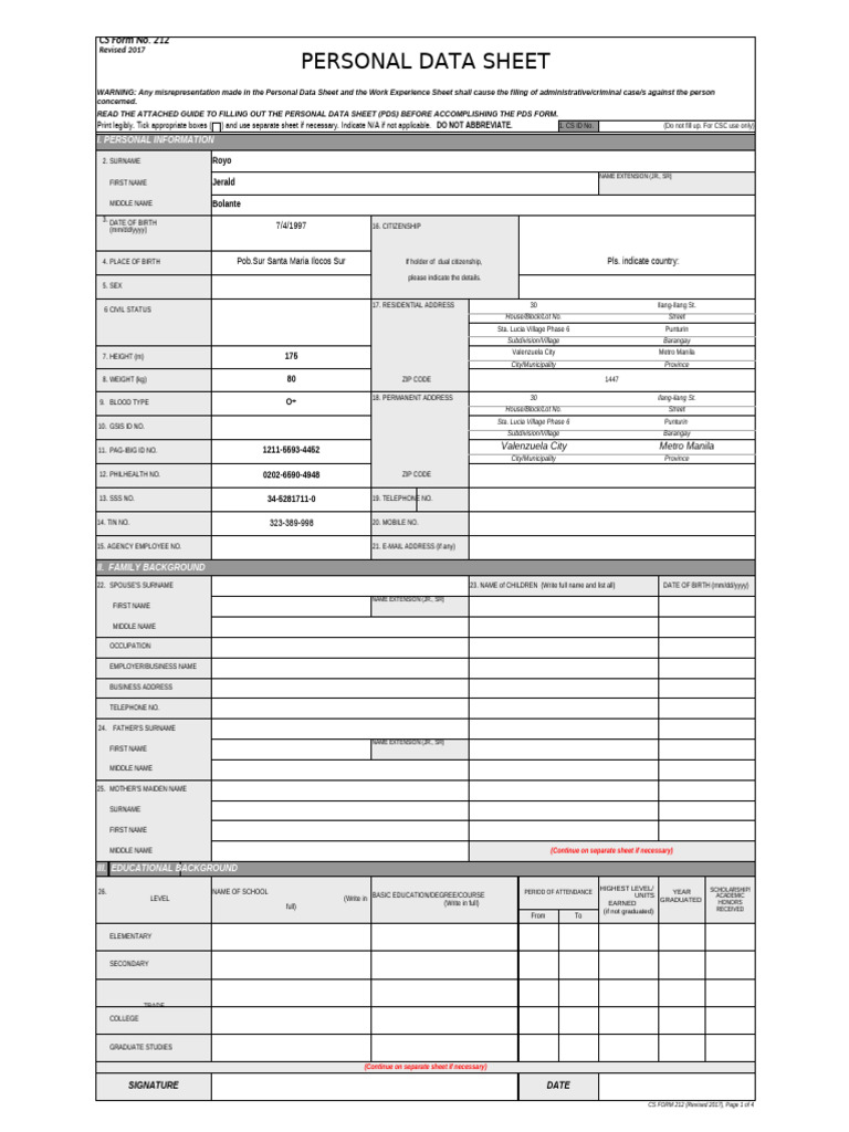 CS Form No. 212 Revised Personal Data Sheet - New | PDF | Justice ...