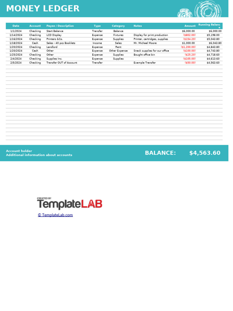 Money Ledger Template | PDF | Finance & Money Management