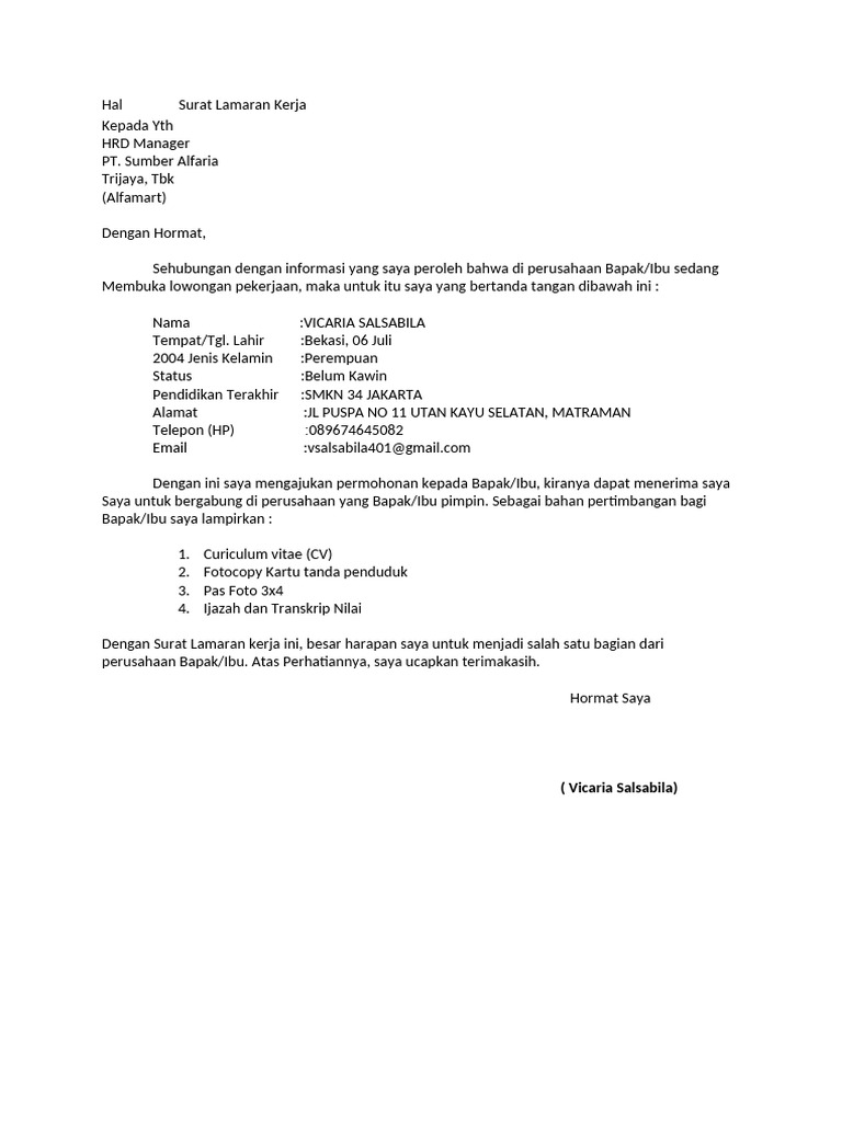 Surat Lamaran Vica | PDF