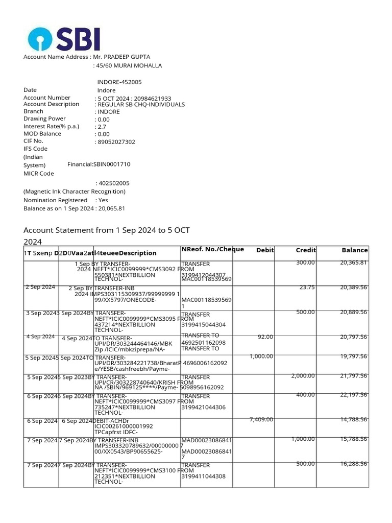SBI Bank Statement: Sep-Oct 2024 | PDF | Text | Encodings