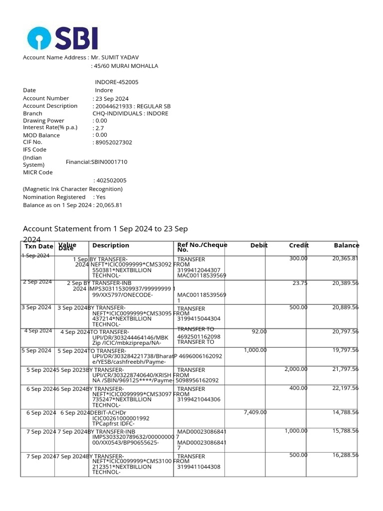 SBI BANK Statement PDF | PDF | Accounting | Personal Finance