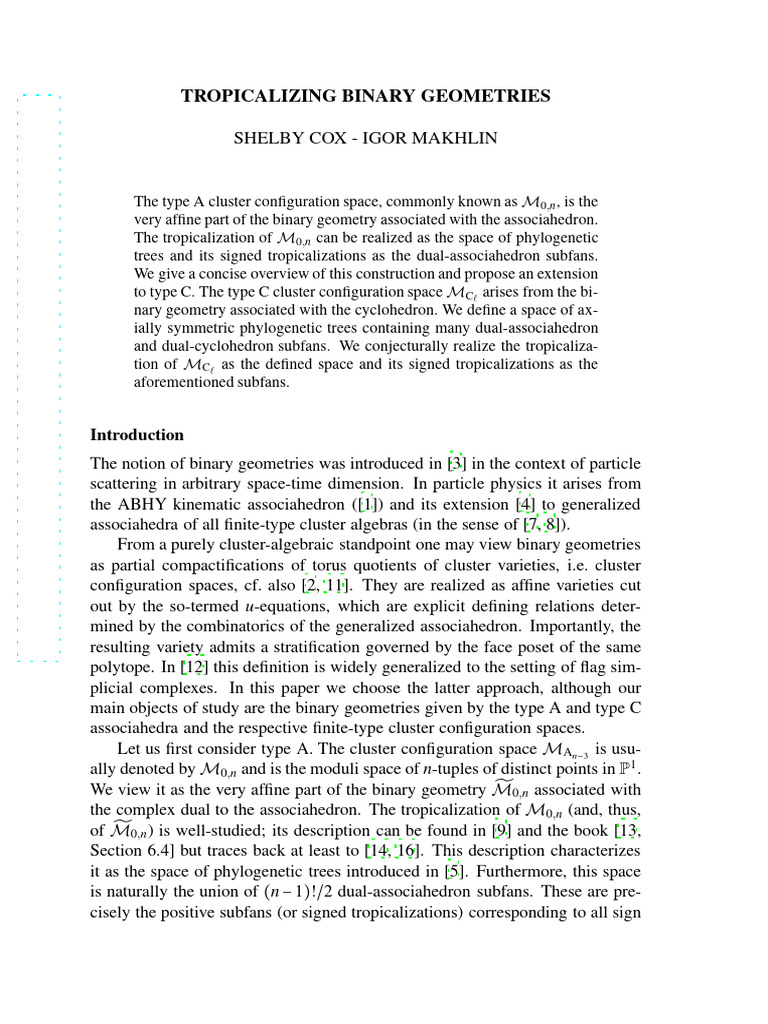 Tropicalizing Binary Geometries | PDF | Vertex (Graph Theory) | Vertex (Geometry)