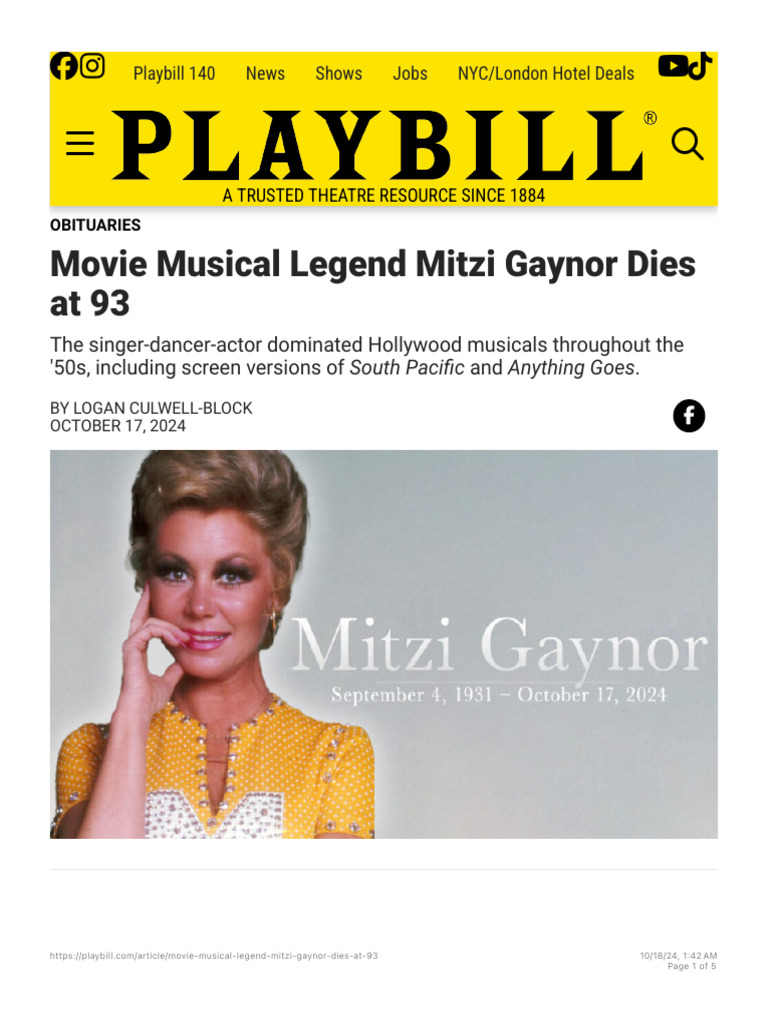 Movie Musical Legend Mitzi Gaynor Dies at 93 - Playbill | PDF