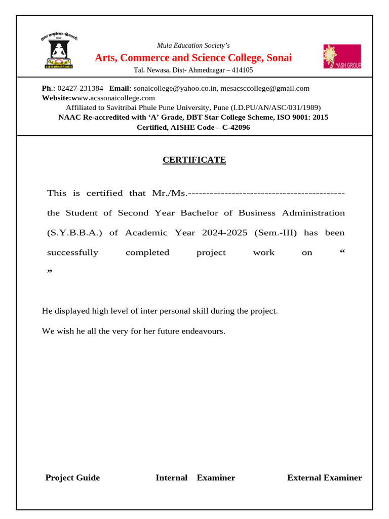 Project Certificate SYBBA | PDF