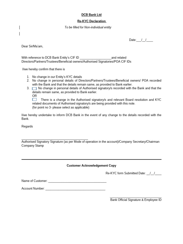 DCB Bank Re-KYC Form for Non-Individuals | PDF | Finance & Money ...