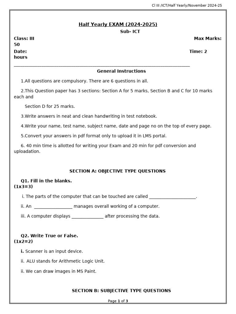 CL 3 - ICT - QP - H.Y. - 24-251 | PDF | Computer Hardware | Educational Technology