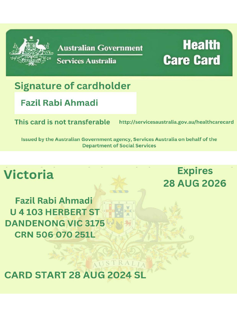 Fazil Rabi Ahmadi Health Care Card | PDF