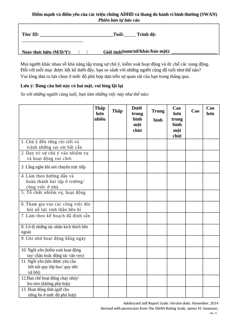 SWAN Rating Scale - Self Report Revised No Medication Instruction (Bản ...