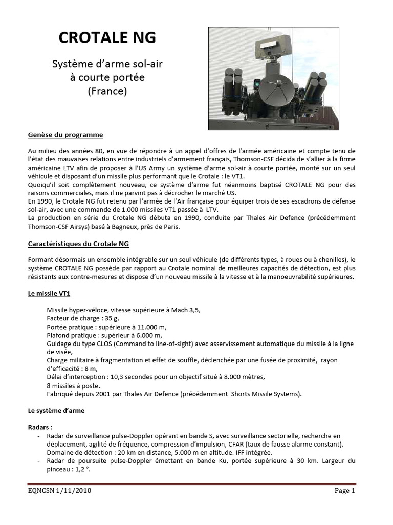 Crotale NG : Système d'Arme Sol-Air | PDF | Missile surface-air ...