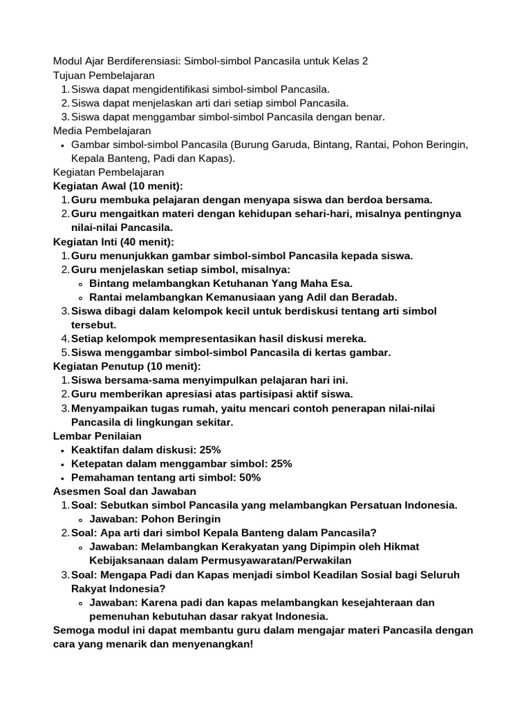 Modul Ajar Berdiferensiasi Simbol-Simbol Pancasila Untuk Kelas 2 Tujuan Pembelajaran Siswa Dapat ...