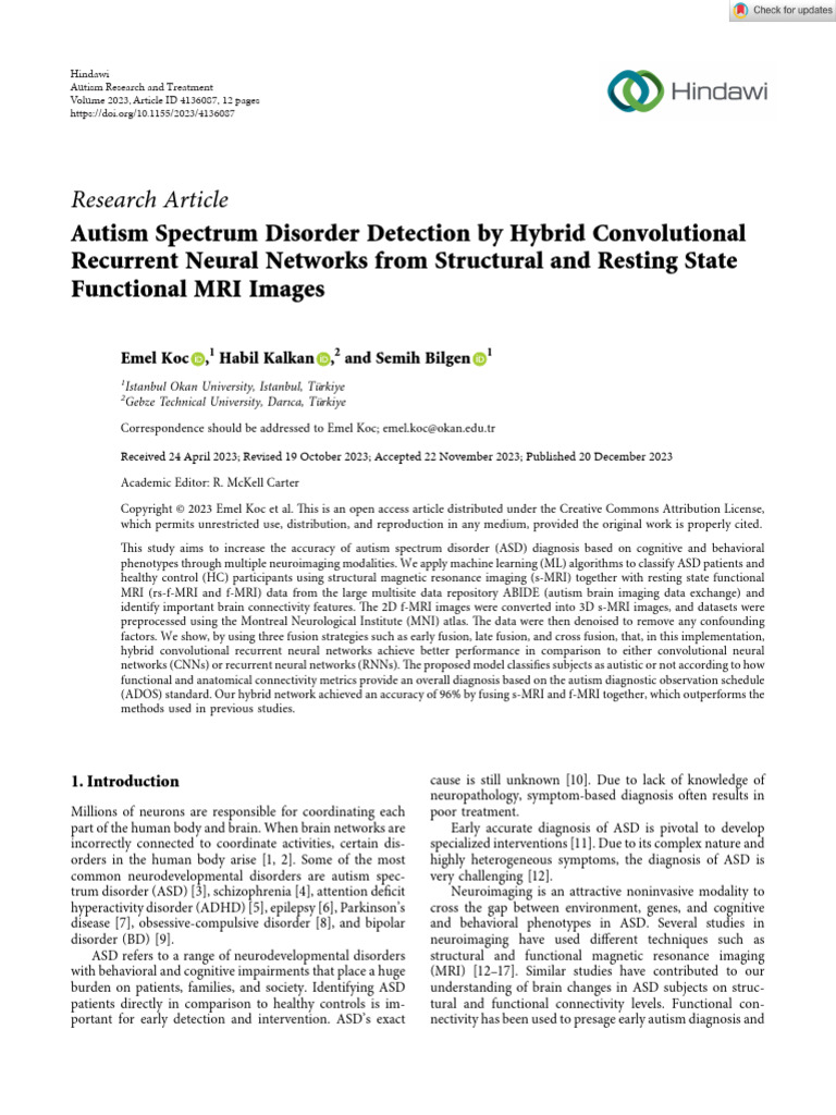 Autism Research and Treatment - 2023 - Koc - Autism Spectrum Disorder Detection by Hybrid ...