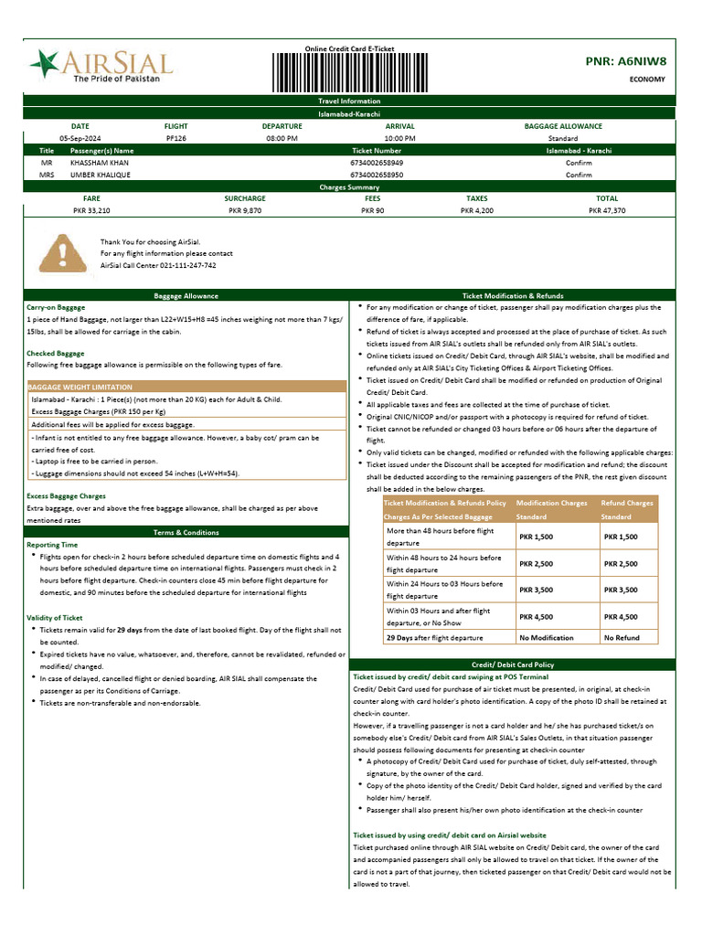 Airsial Ticket From Islamabad To Karachi 05-Sep-2024 | PDF | Baggage ...