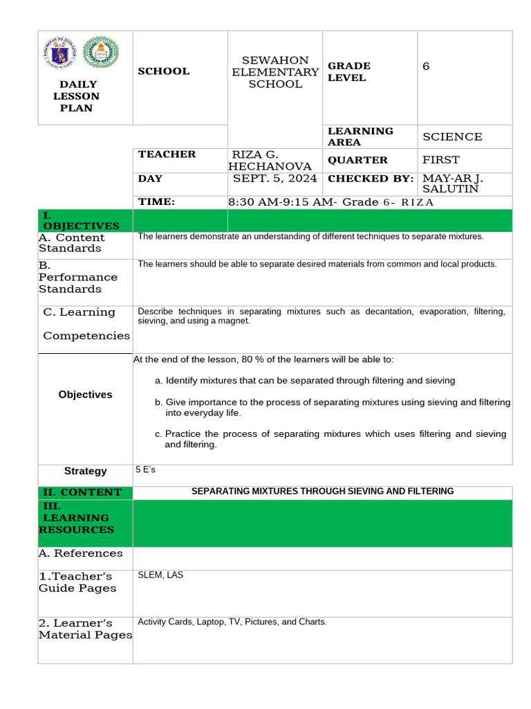 Detailed-Lesson-Plan-In-Science-6-Filtering-And-Sieving NEW | PDF ...