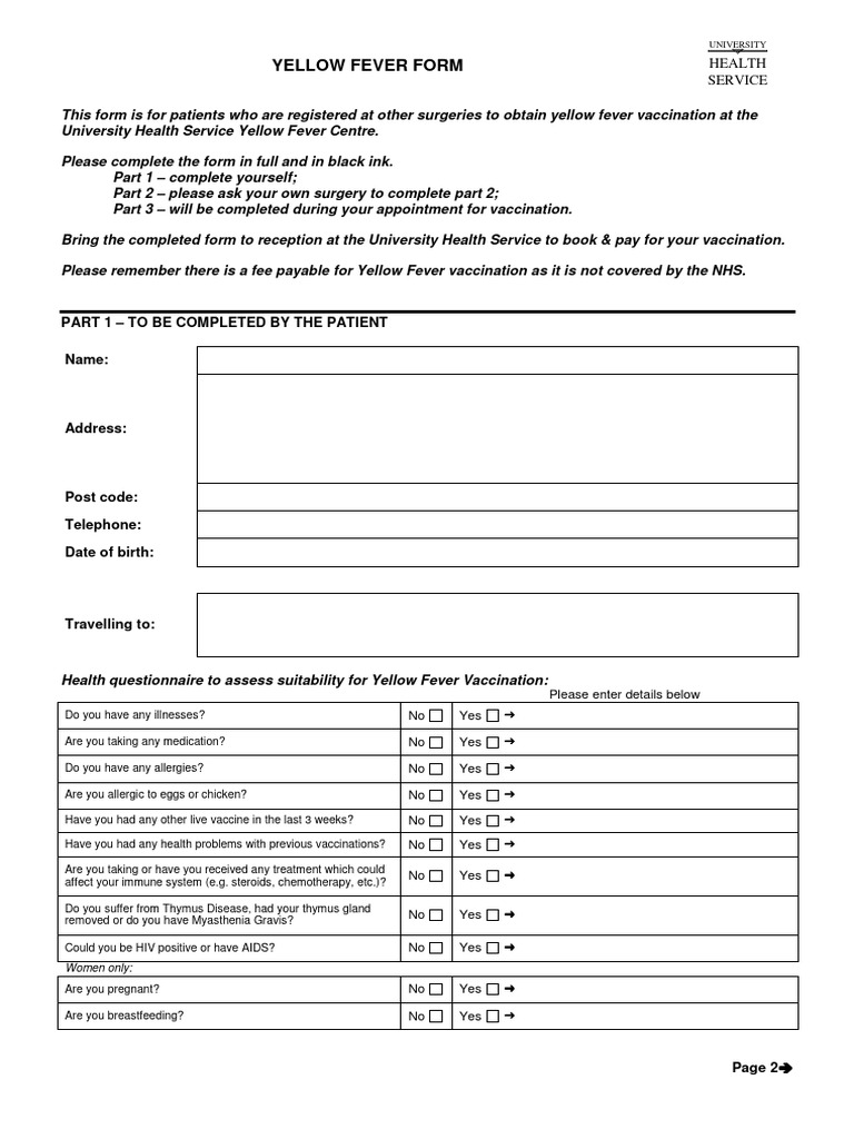 yellowfeverform | PDF | Allergy | Yellow Fever