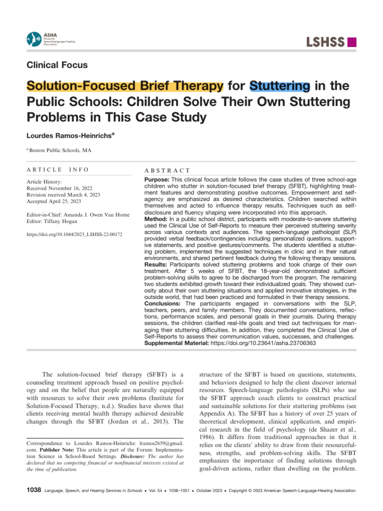 Solution-Focused Brief Therapy For Stuttering in The Public Schools ...
