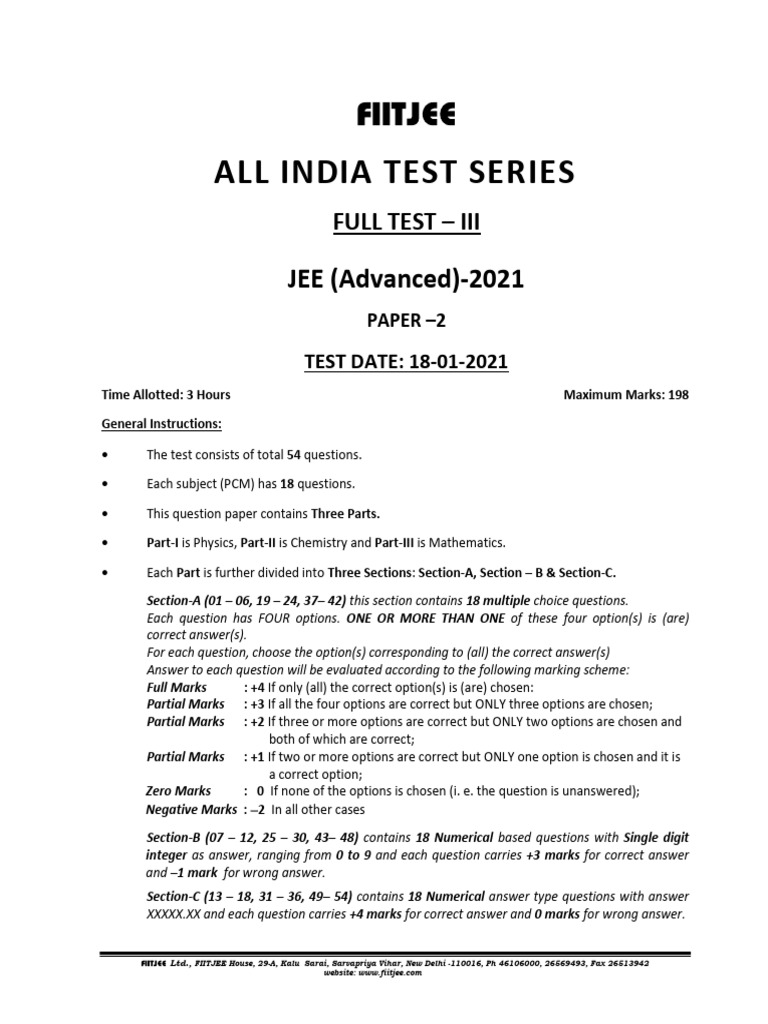 Aits 2021 FT III Jeea Paper 2 | PDF | Gases | Acid