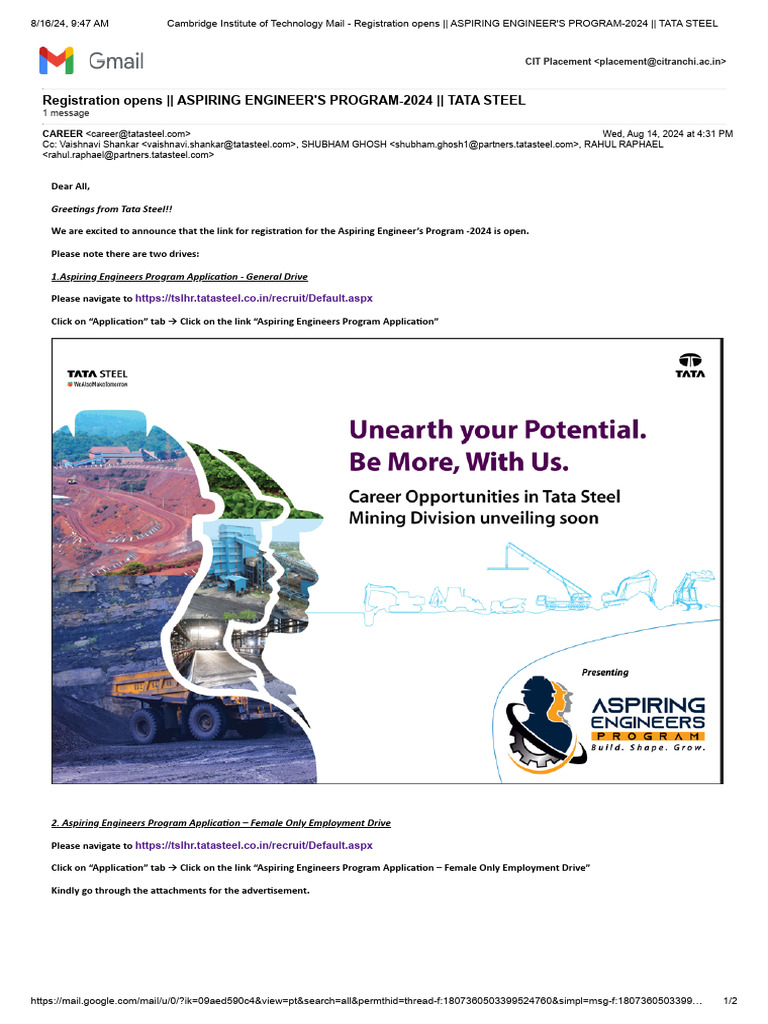 CIT Mail - Registration Opens - ASPIRING ENGINEER'S PROGRAM-2024 - TATA STEEL | PDF | Disability