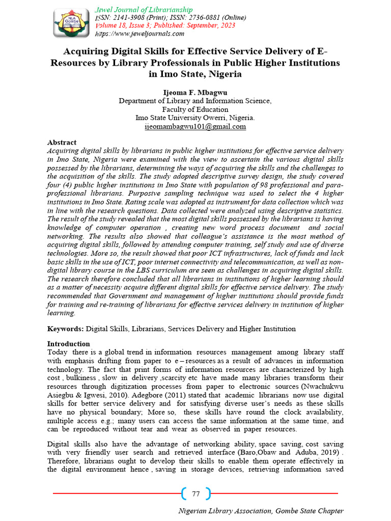 Acquiring Digital Skills For Effective Service Delivery of E-Resources by Library Professionals ...