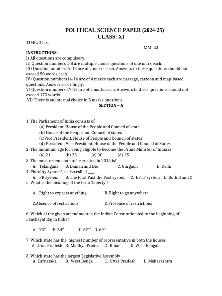 Class XI Political Science Exam | PDF | Government | Justice