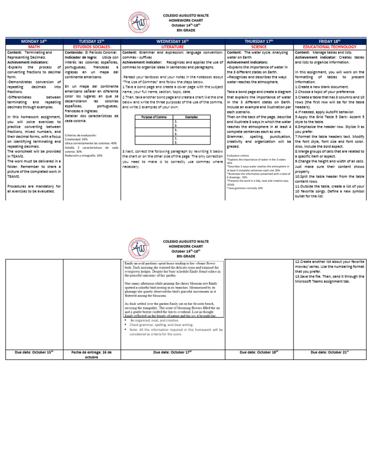 8th Grade Homework Chart: Oct 14-18 | PDF | Decimal
