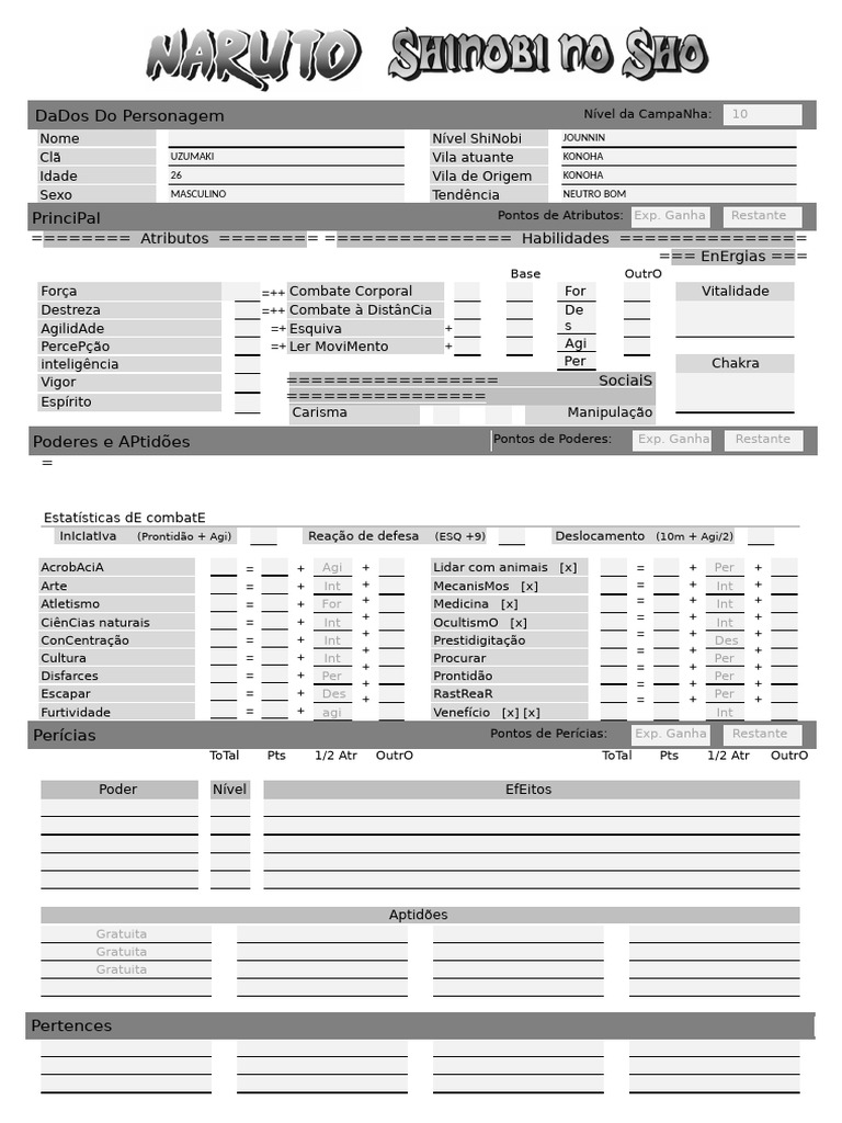 Naruto Shinobi No Sho Ficha de Personagem V 1 Biblioteca Elfica | PDF