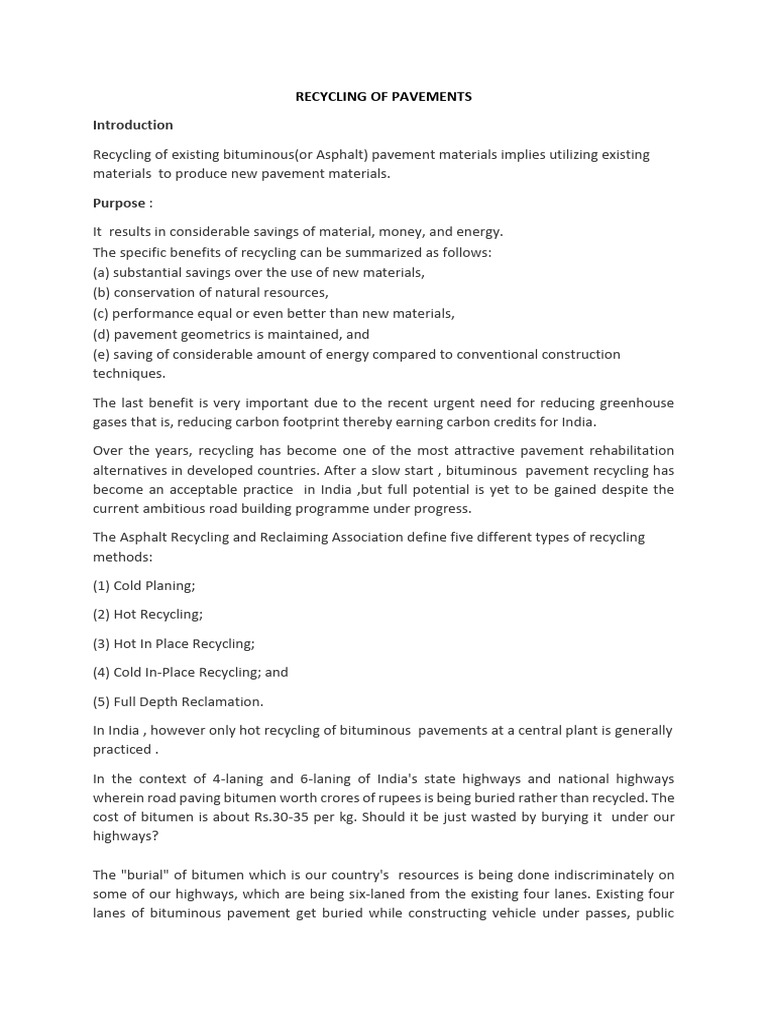 Recycling of Pavements Hand Out | PDF | Road Surface | Recycling