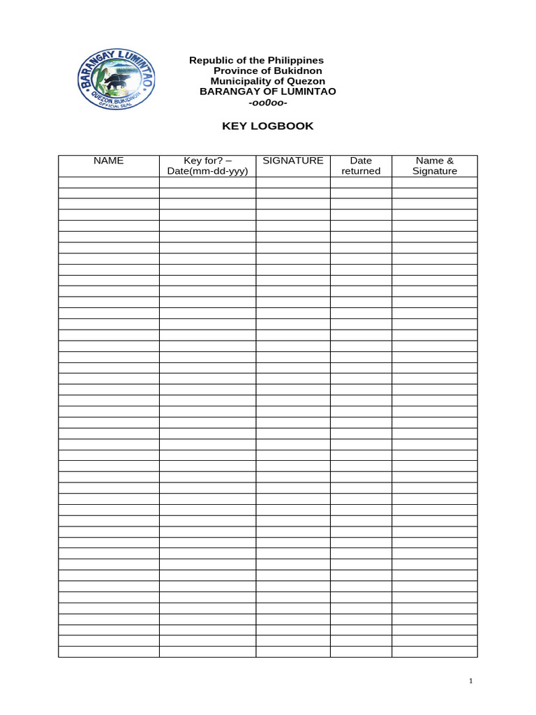 Logbook for key | PDF